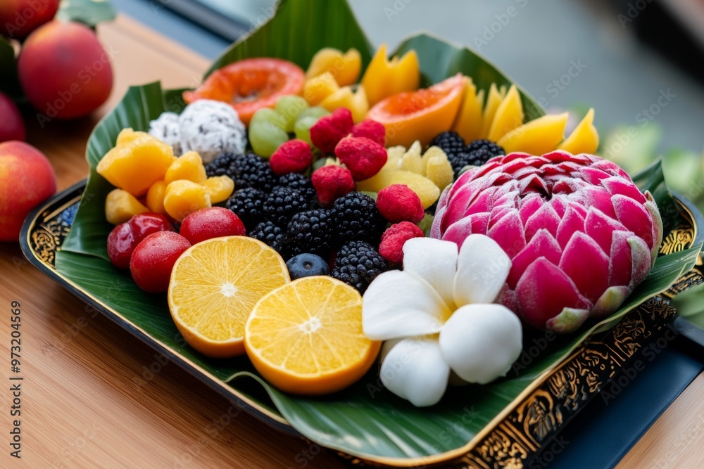 An offering of seasonal fruits and sweets, arranged beautifully at the ...
