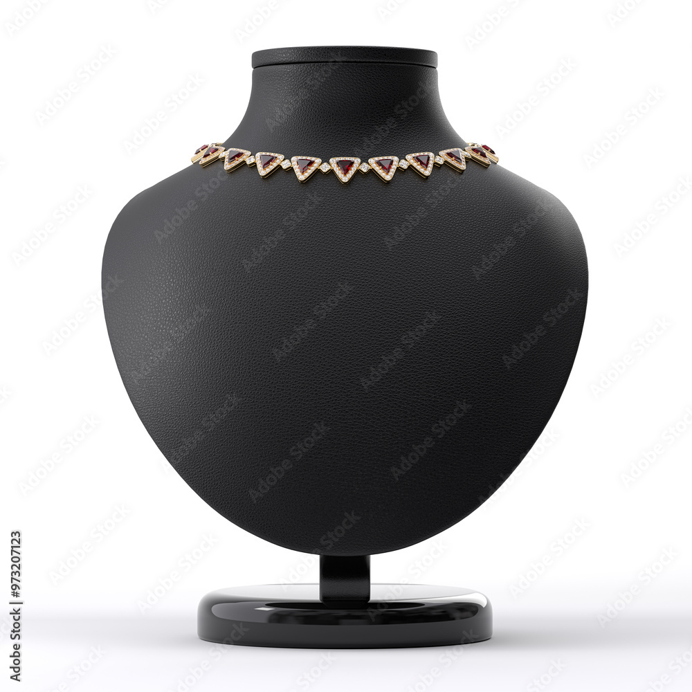 Luxurious necklace of diamonds and ruby in trillion cut on the leather ...