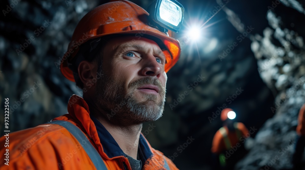Miner in orange helmet and overalls in an underground tunnel for ...