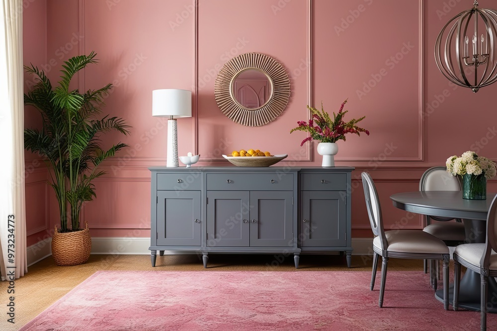 Elegant Dining Room Design Featuring a Grey Buffet Against a Soft Pink ...