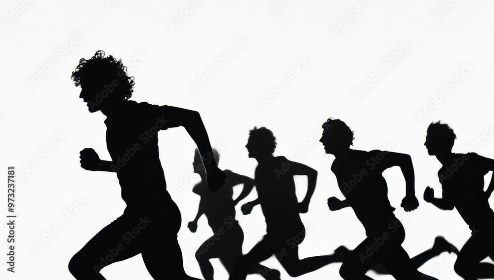 Black and white photograph of silhouetted people running On the left ...