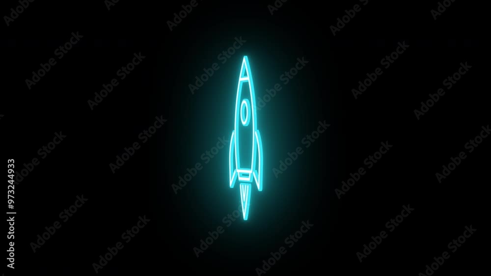 Neon rocket animation, rotation around vertical axis. Glowing neon 3D ...
