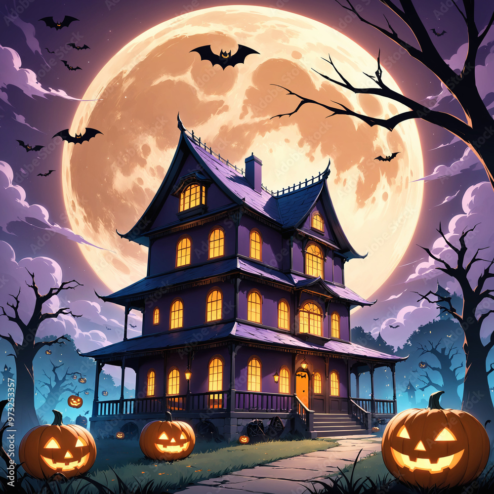 Halloween haunted house and witch character cartoon illustration ...