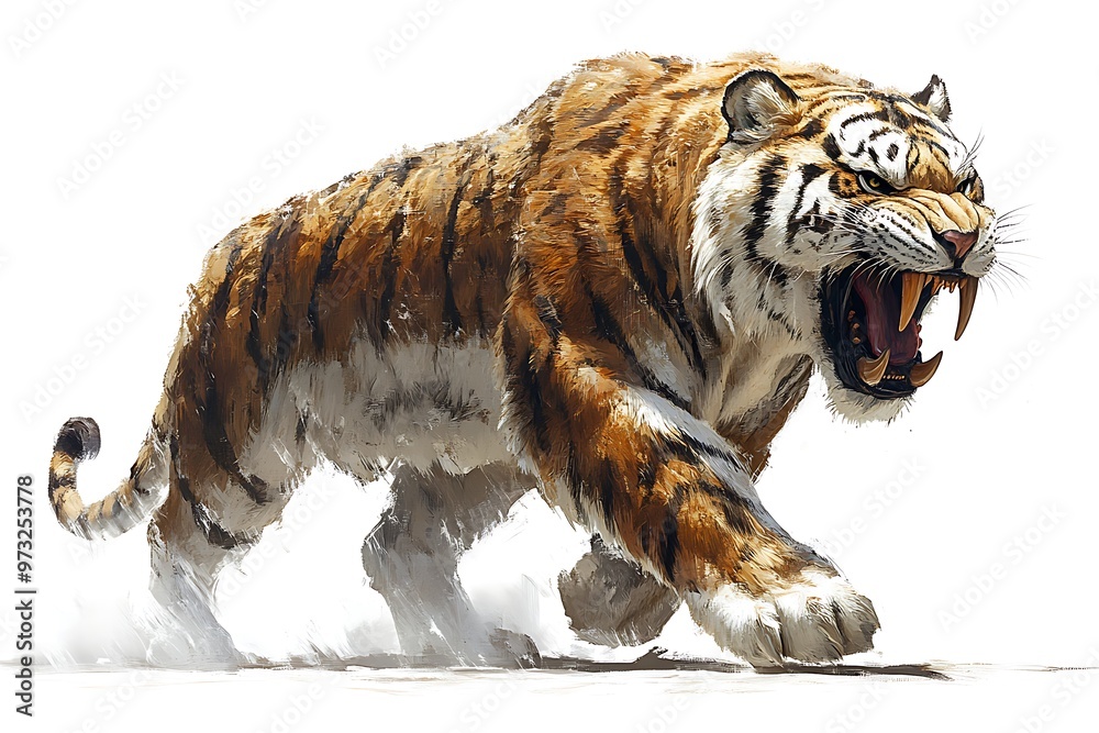 A raw illustration of a roaring saber-toothed tiger on a white ...