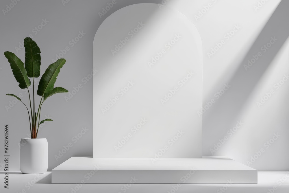 A clean and minimalist white backdrop with a plant and sunlight ...