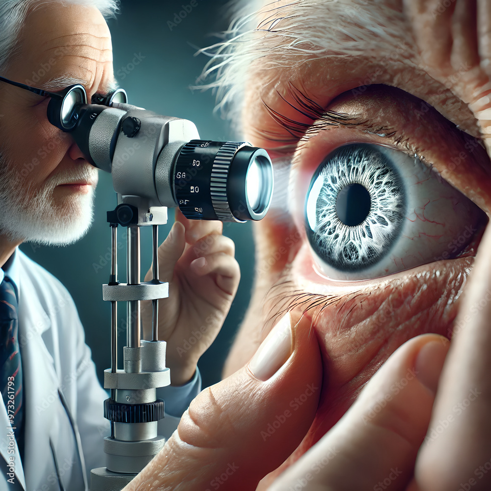 Realistic image elderly patient with cataracts during eye examination ...