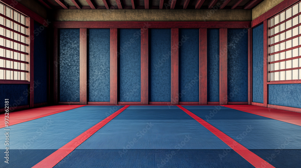 "Traditional blue and red tatami mats in a martial arts hall, serving ...