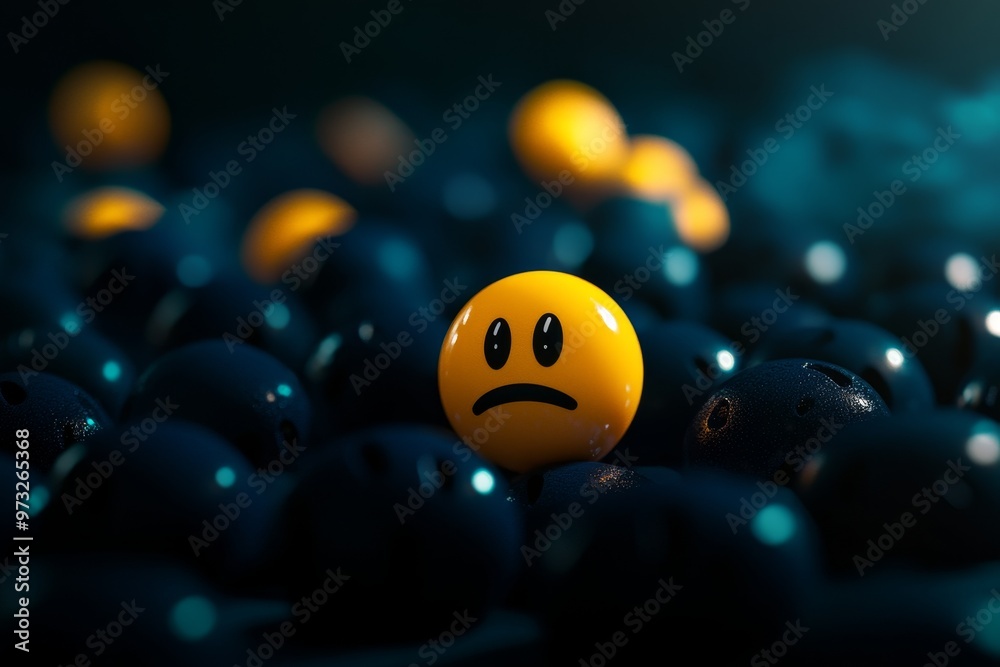 One yellow smiley face with a sad expression stands out amongst a field ...