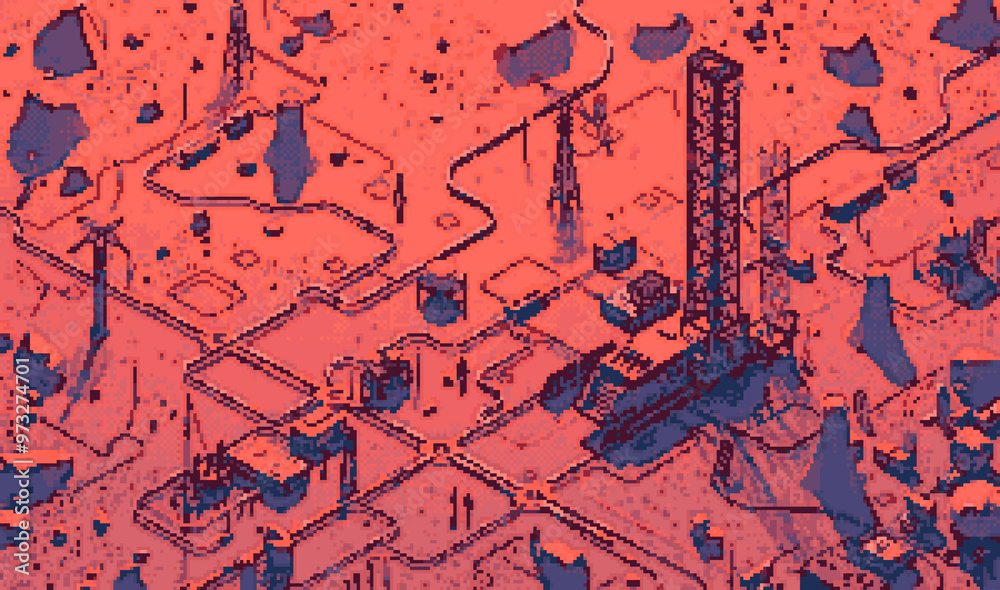 Red sprawling oil and gas pipelines and tech facility with a sunset ...