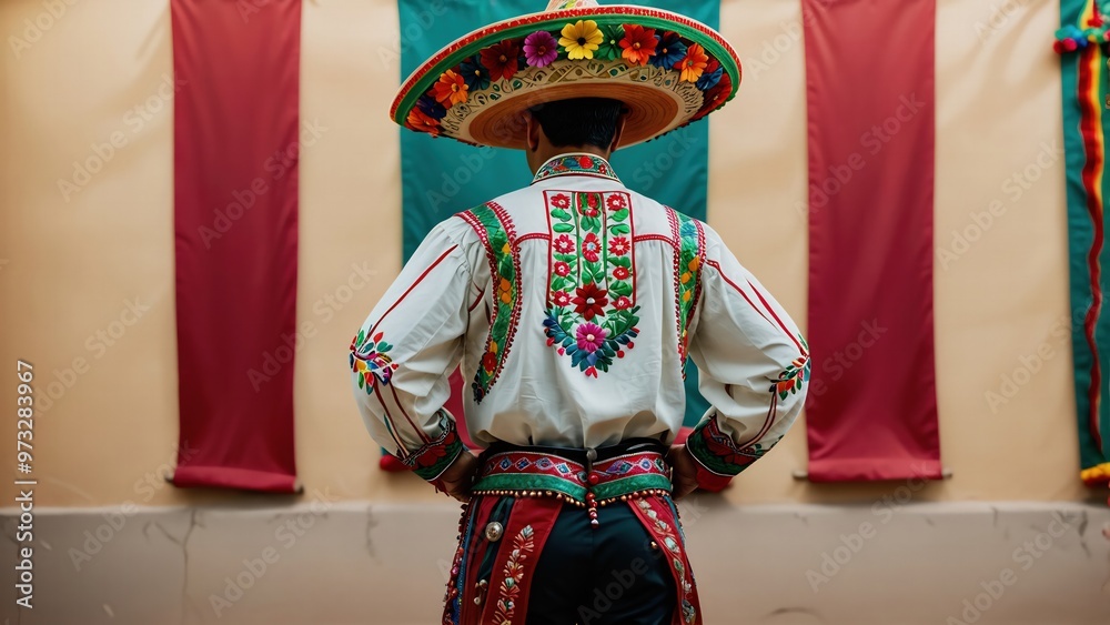 Charro mexicano de espaldas con traje típico y sombrero. Colores ...