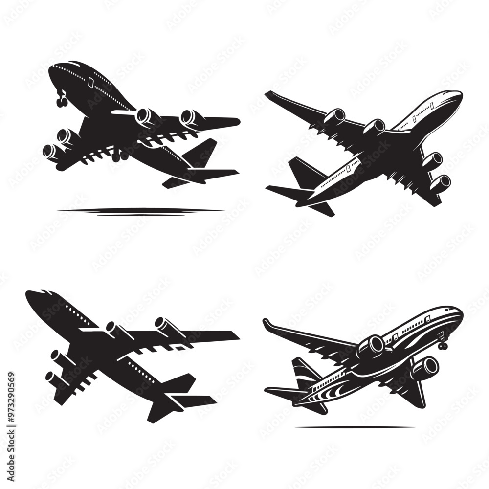 Vetor de Airplane 🛬 takeoff logo black pictogram set vector or plane ...
