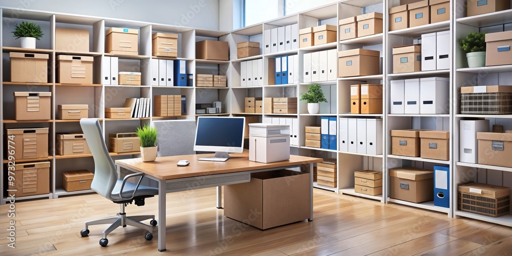 Office Workspace with Cardboard Boxes and Filing Cabinets, 3D Rendering ...