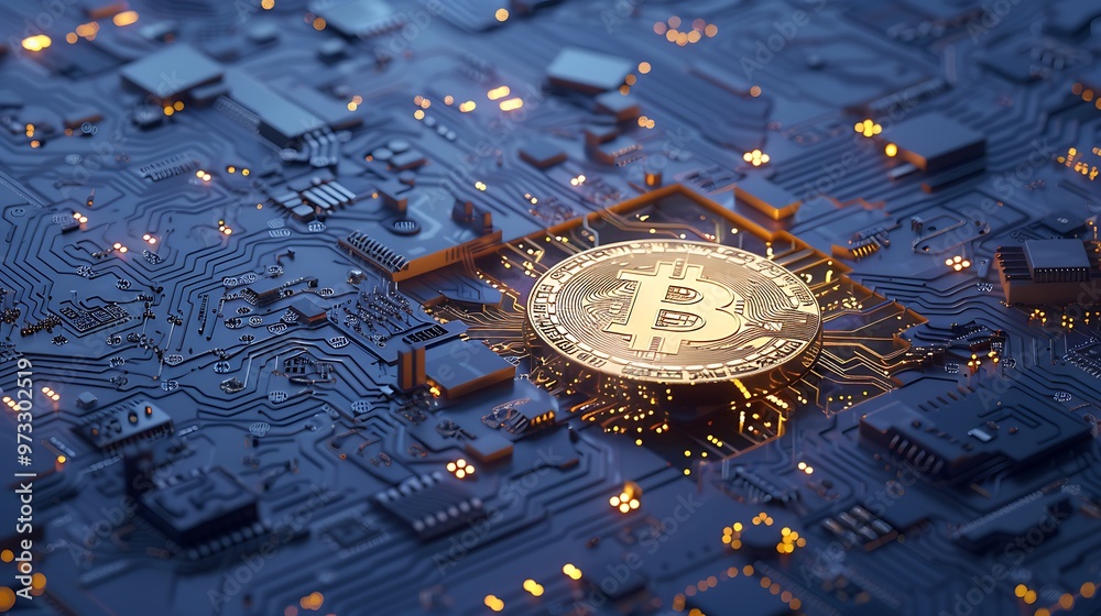 Hyper-realistic golden Bitcoin coin embedded in a complex computer ...