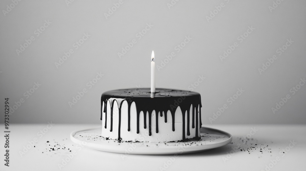 Monochrome cake design, a single candle in the middle, with minimalist ...