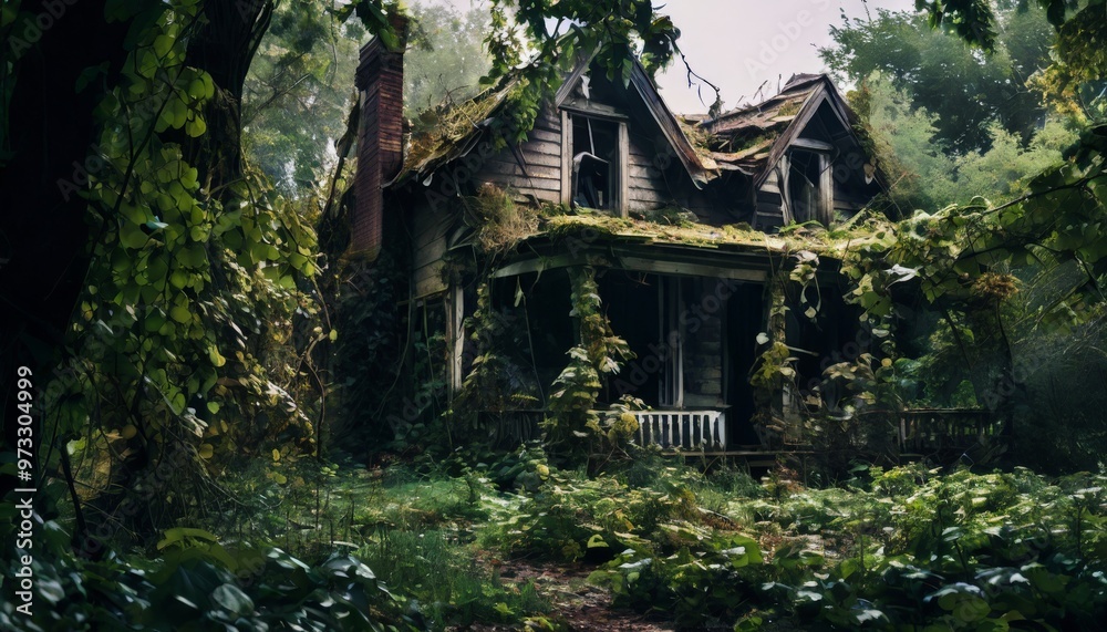 A hauntingly beautiful image of an abandoned house overtaken by nature ...