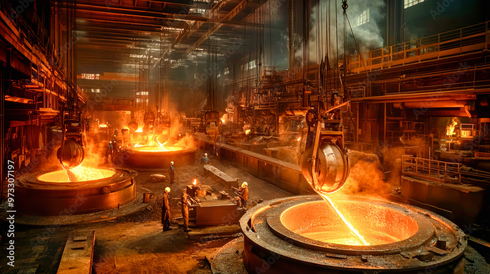 Molten iron flows from cauldrons into massive round containers ...