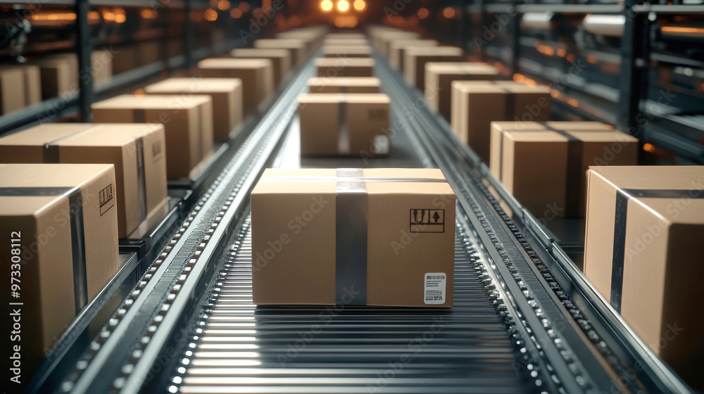 Parcels are traveling along a conveyor belt, prepared for sorting in a ...