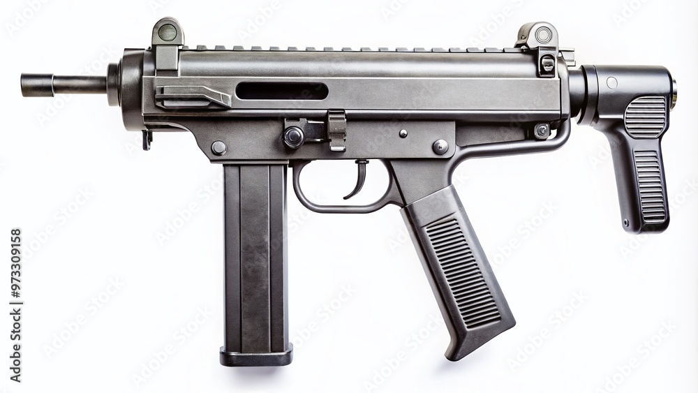 Close-up of a compact, lightweight, fully automatic submachine gun with ...