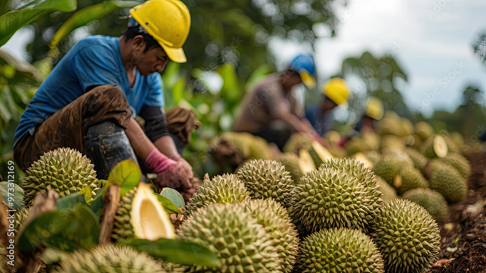Harvesting ripe durian fruits in plantation with workers focused on ...