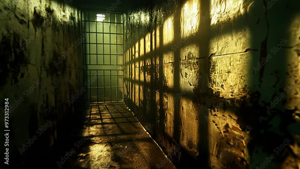 A dimly lit, narrow prison corridor with a barred cell door at the end. The walls are dirty and ...