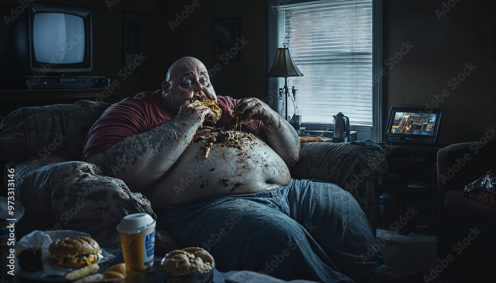 Fat man eating, Obese man sitting in front of TV eating a burger, fat ...