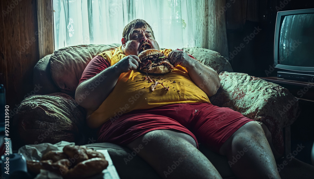 Fat man eating, Obese man sitting in front of TV eating a burger, fat ...