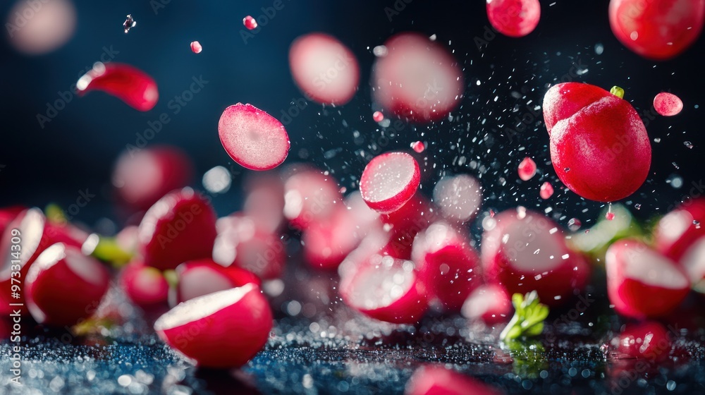 Dynamic Close-Up of Fresh Red Radishes in Mid-Air as They are Sliced ...