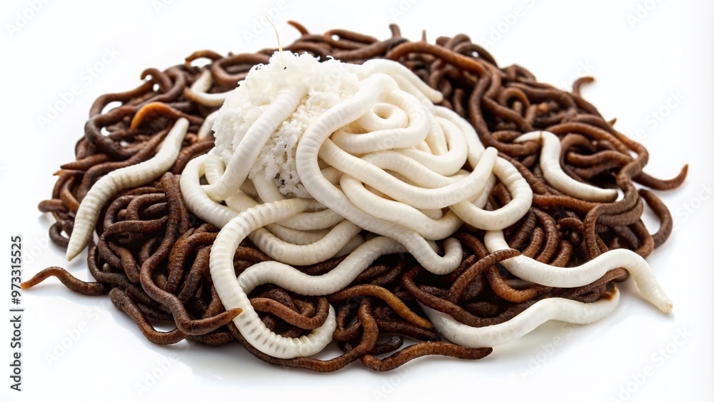 Dark brown feces with white, thread-like parasitic worms entwined ...