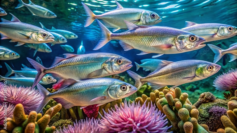 ภาพประกอบสต็อก Delicate, silver-scaled milkfish swim in schools, their ...