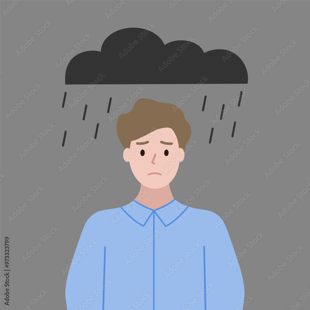 Depressed businessman with black dark raining cloud above his head ...