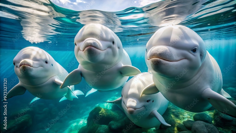 Majestic beluga whales swim together in unison, their snowy white ...