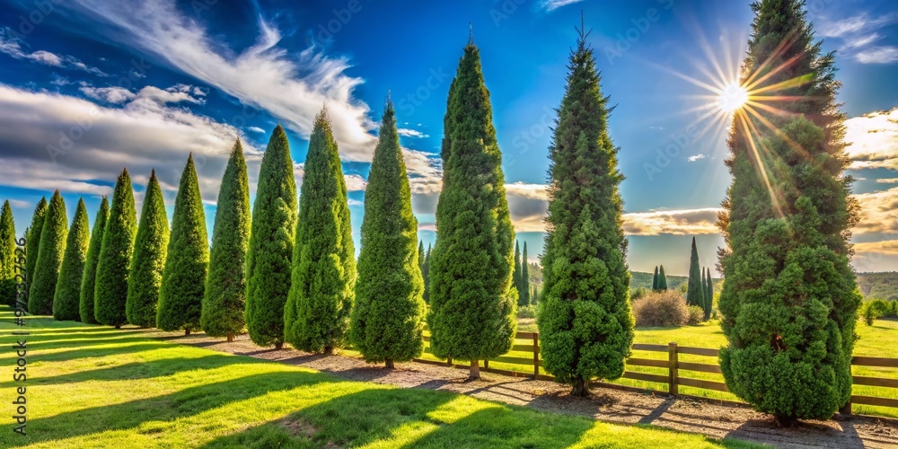Majestic evergreen Leland cypress trees with feathery foliage and ...