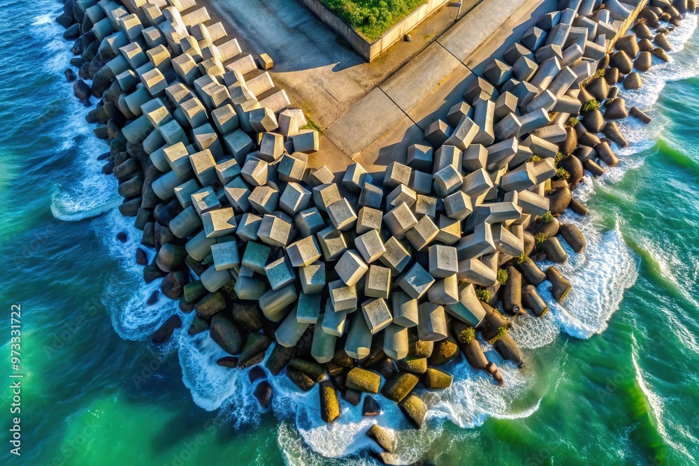 Pile of concrete armour breakwaters at a sea coast Aerial, rocks ...