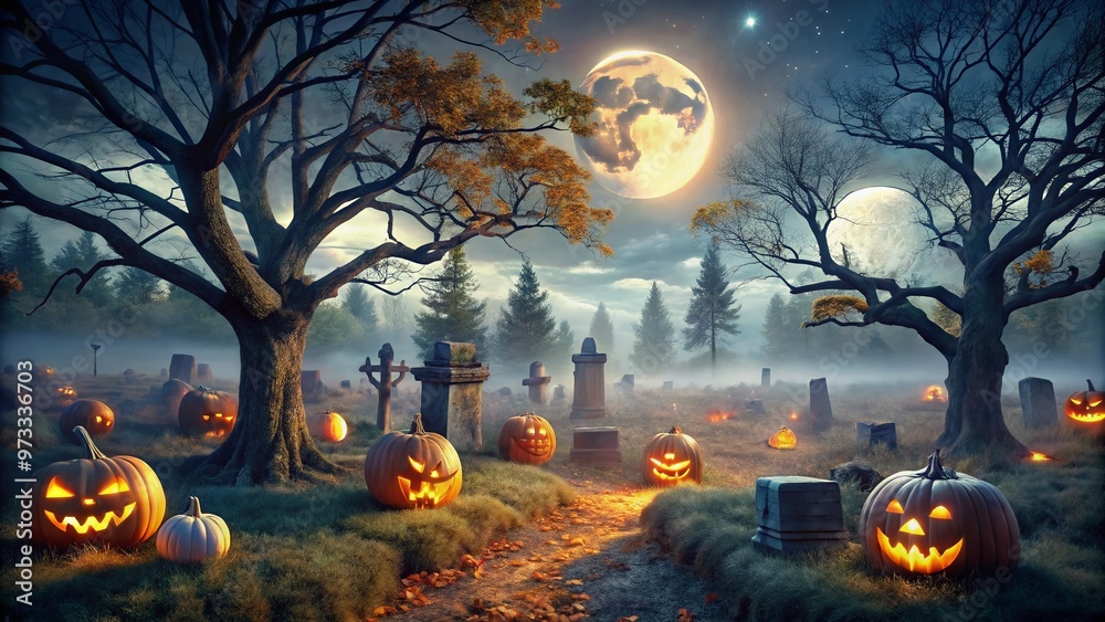 Spooky autumn nightscape featuring creepy trees, jack-o-lanterns, and ...