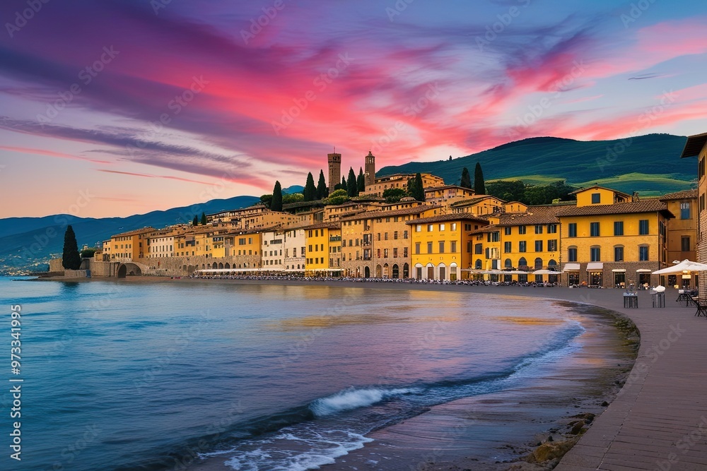 Stunning Coastal Cinematic View of Historic Tuscany Town Square and ...