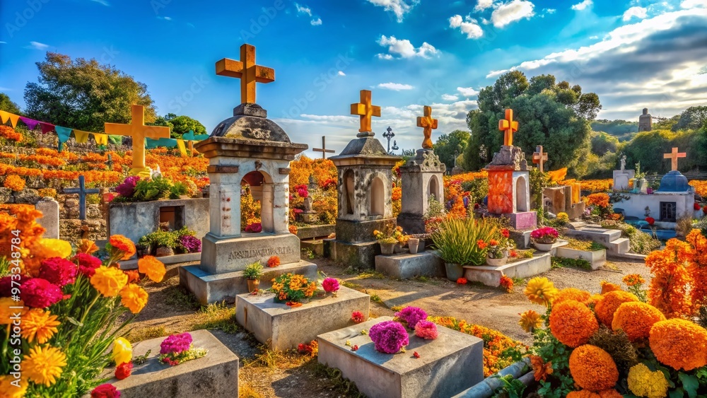 Vibrant altars and ornate crosses adorn crumbling headstones in a ...