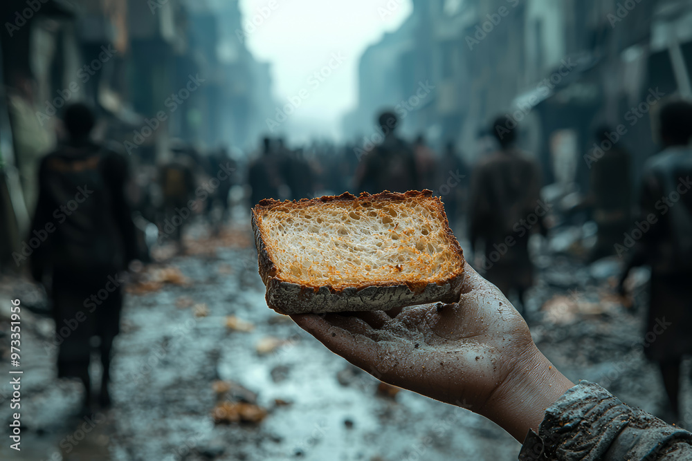 A child's hand reaching out for a piece of bread, with a backdrop of a ...