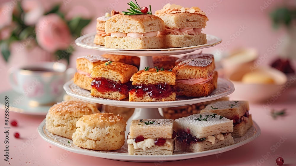 Elegant afternoon tea tower with assorted pastries, bakery presentation ...