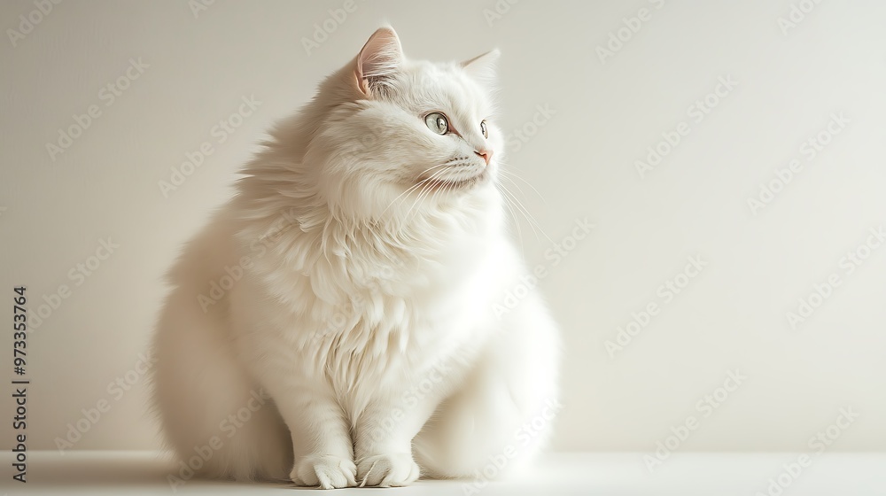 Full-body image of a fat white cat sitting on a light-colored surface ...