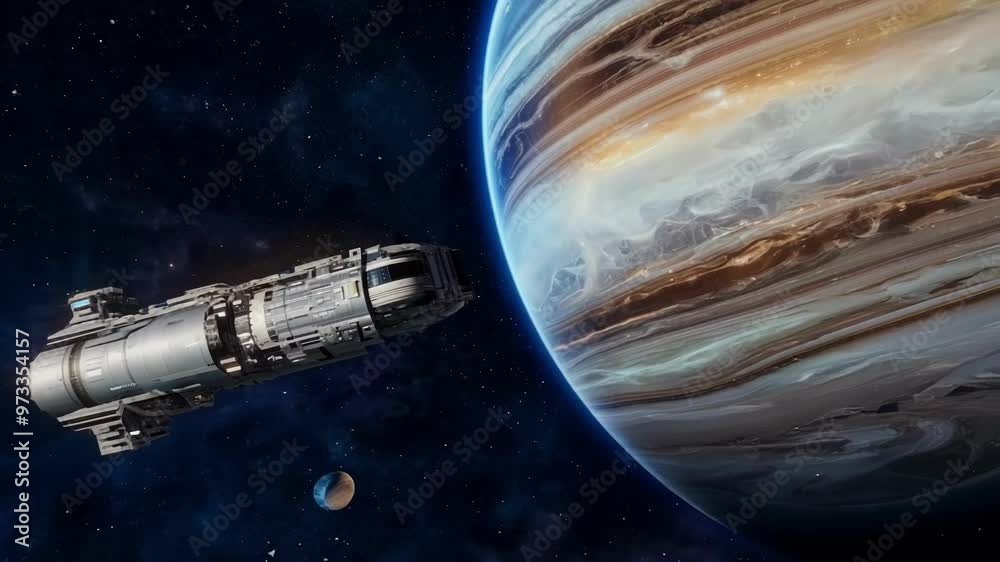 Futuristic spaceship orbits jupiter in a vast universe with stars and ...