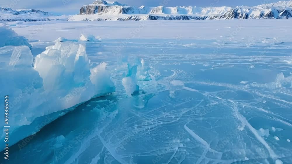 Icebergs are floating on a melting glacial ice sheet with a beautiful ...