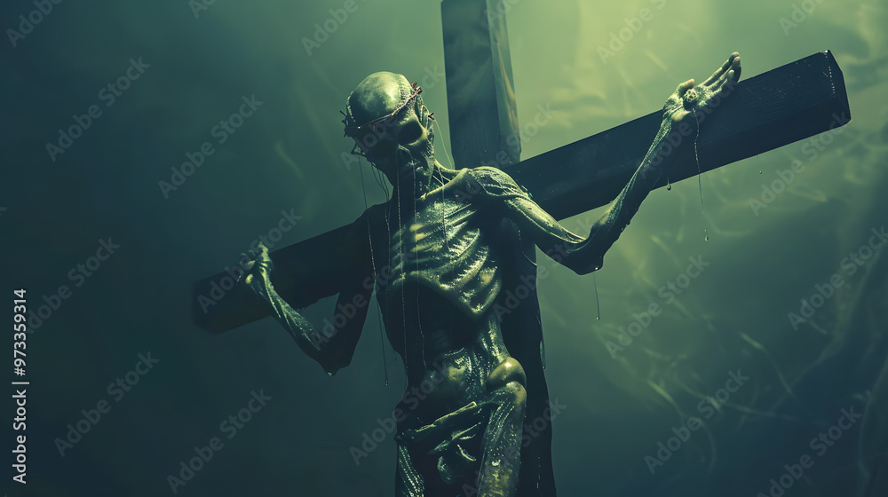 A surreal scene depicting an alien figure crucified on a cross in a ...