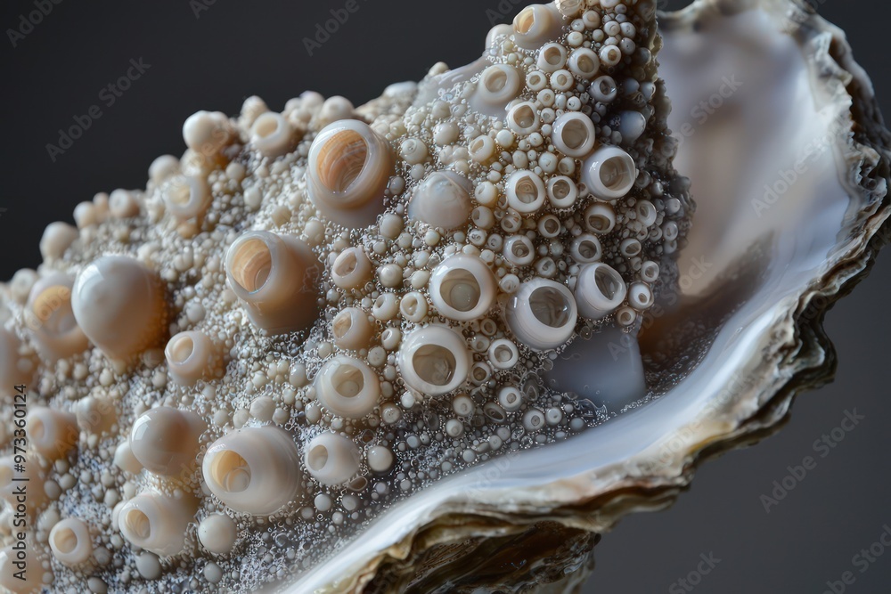 An oyster shell densely covered in barnacles, a vivid representation of ...