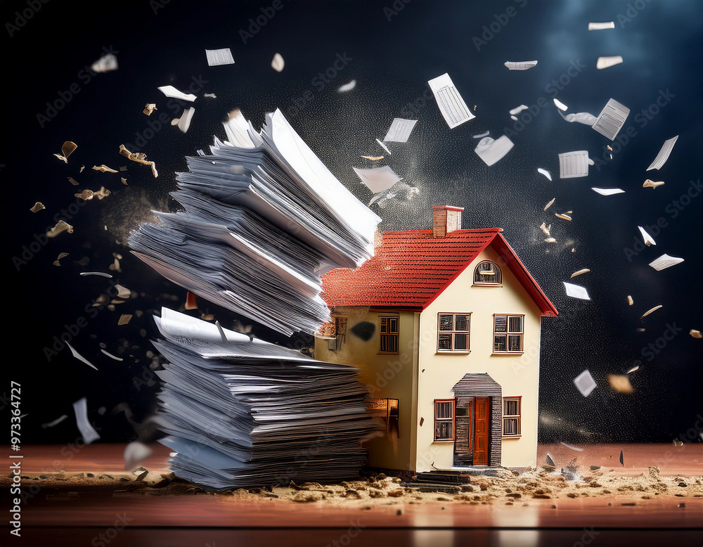 Miniature house being hit by a stack of exploding documents ...