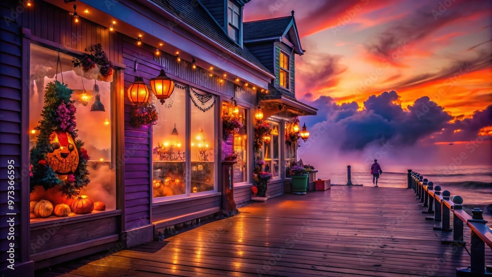 Vibrant orange and purple hues illuminate a spooky coastal storefront ...