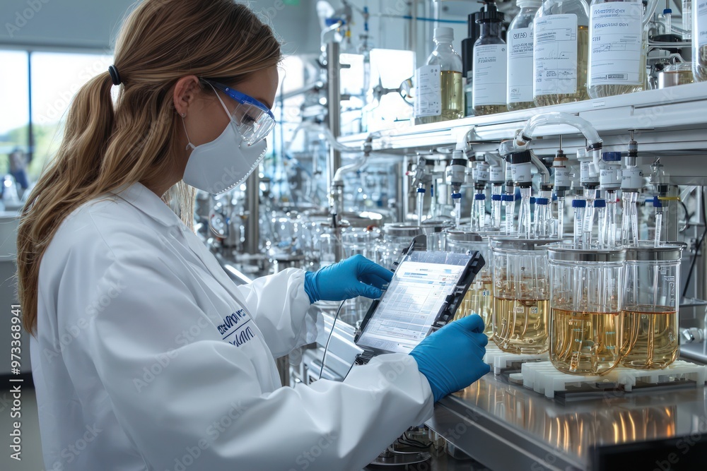Lab technician monitoring bioreactor vessels in a pharmaceutical ...