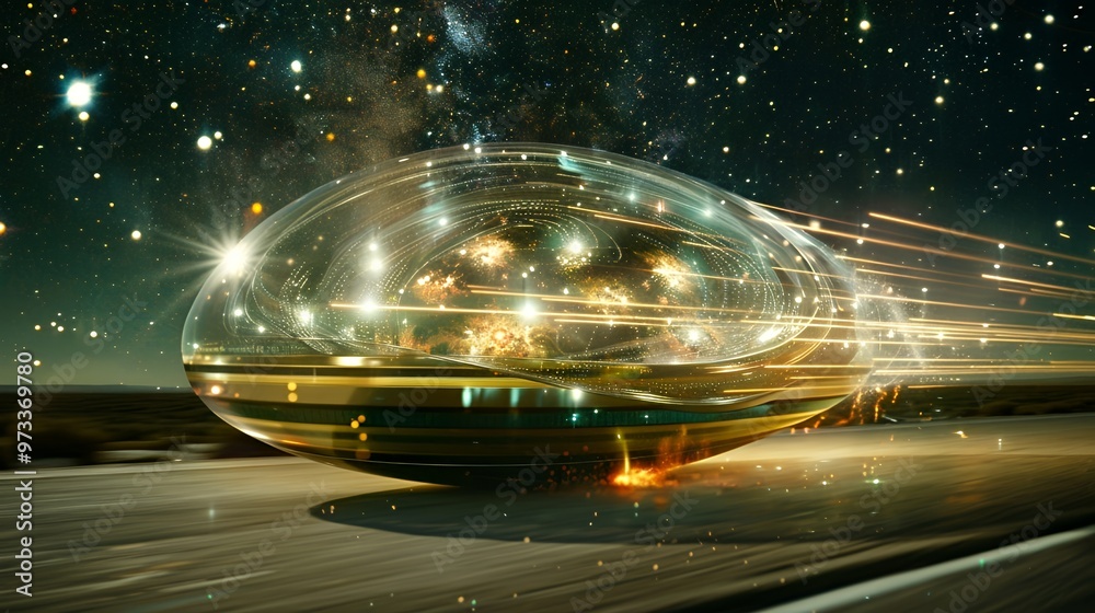 A futuristic, transparent spaceship flies through a starry night sky ...