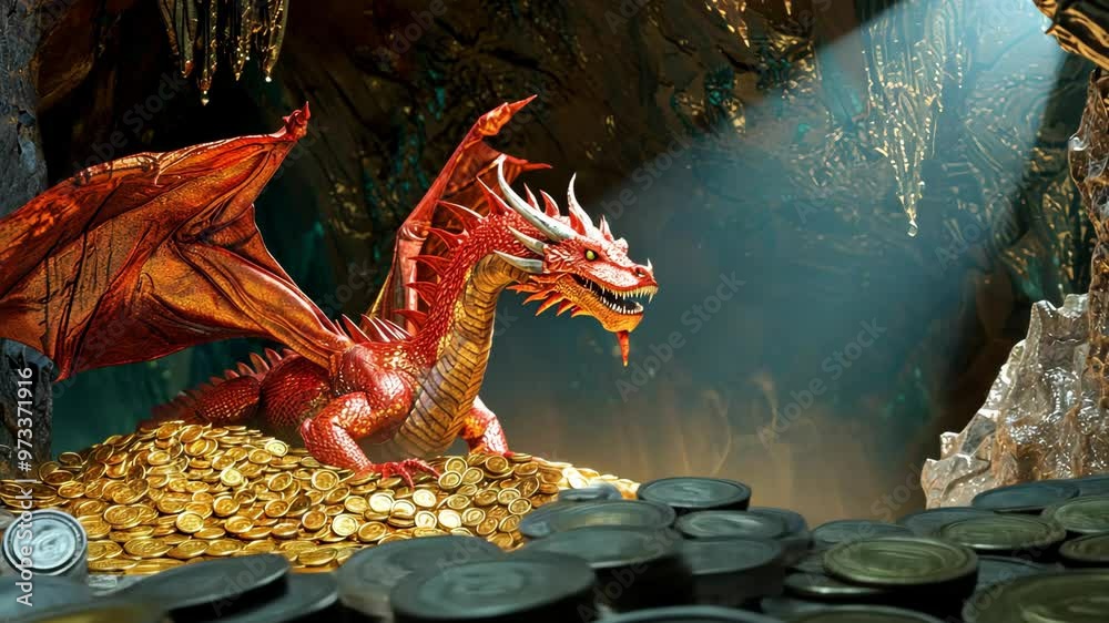 A fierce red dragon guards its treasure hoard in a mystical cave ...