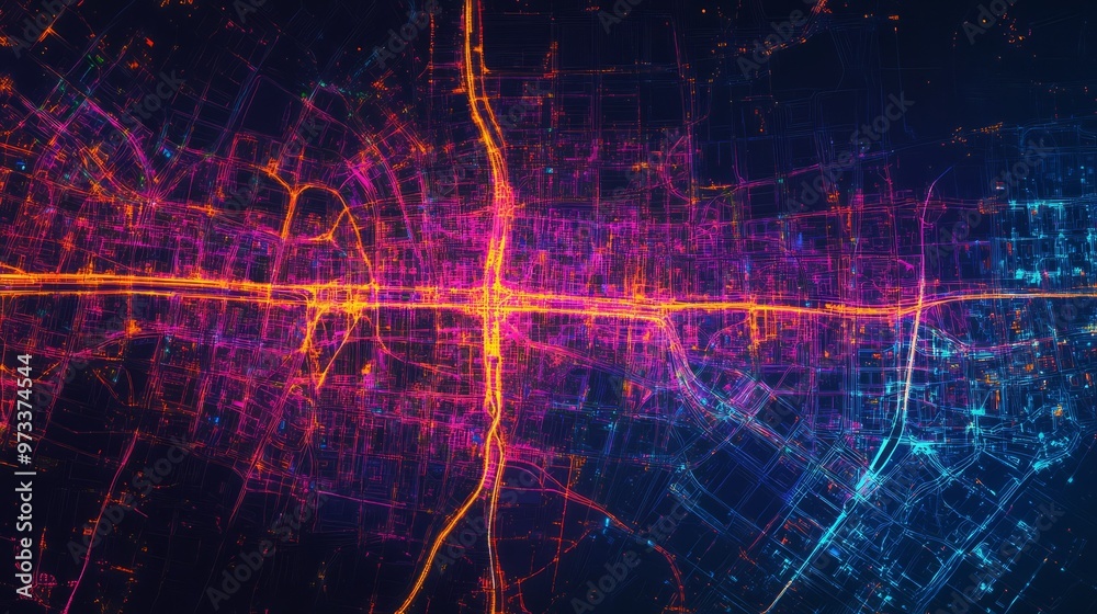 Heatmap of a city's public transit system, with vibrant colors showing ...