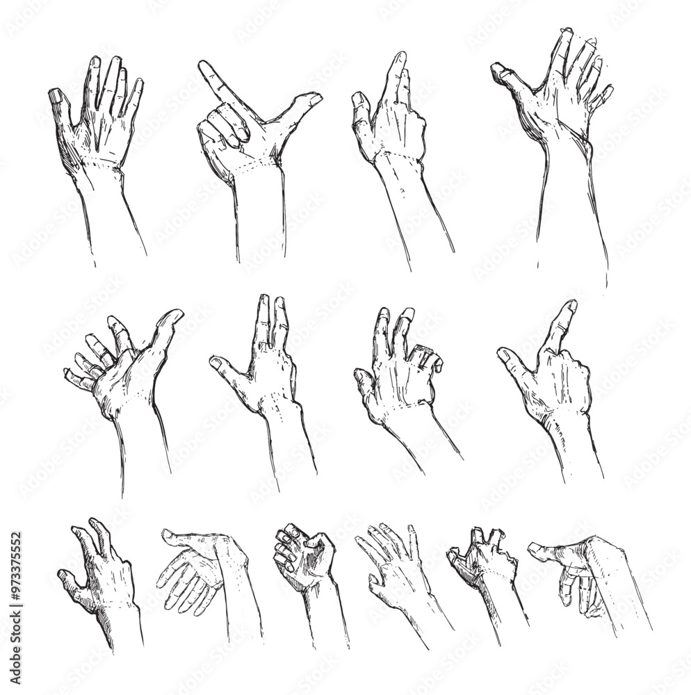 Hand drawn gestures. Pointer finger, strong fist and punch. Handshake ...